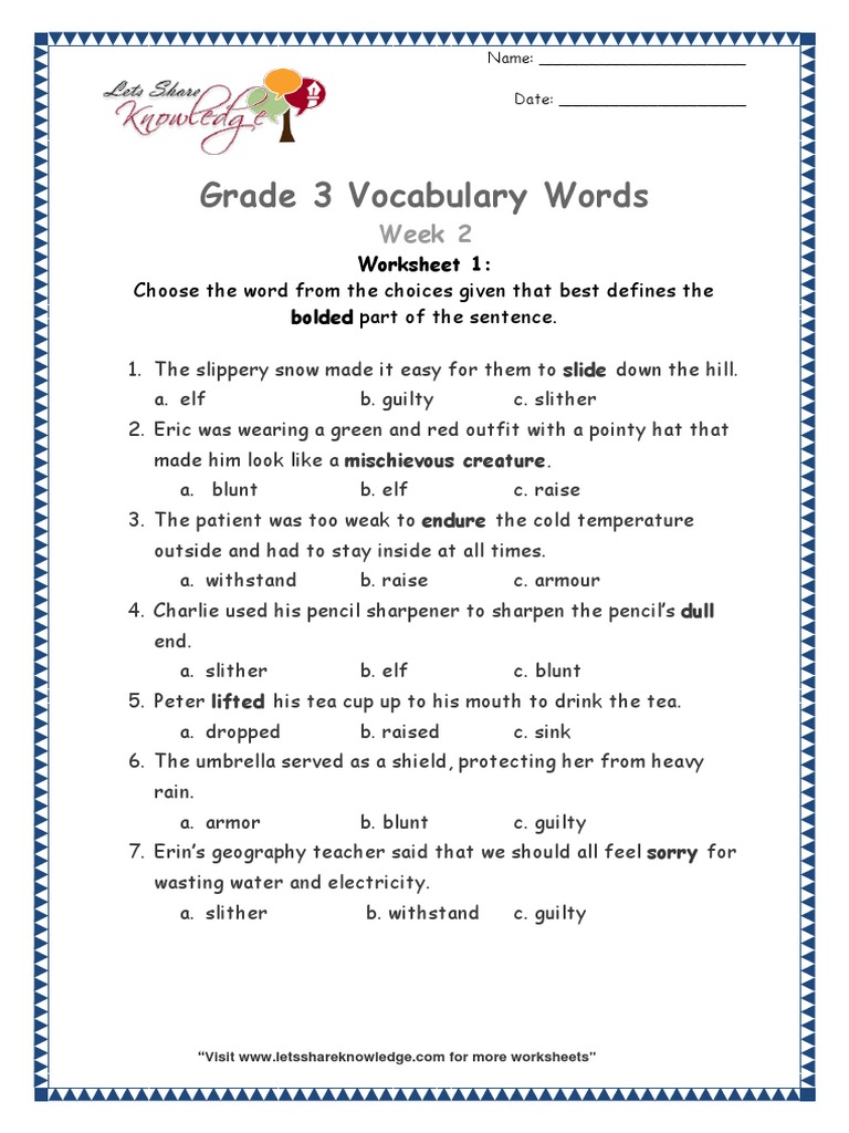 Grade 3 Vocabulary Week 2 Worksheet 1 | PDF