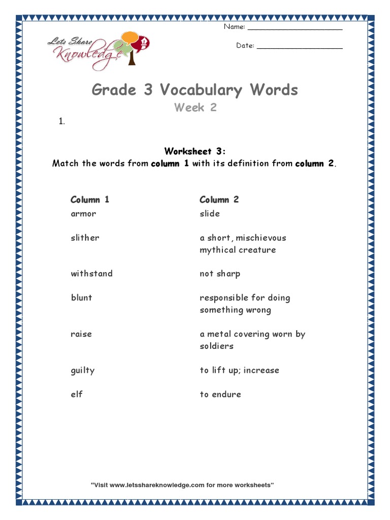 Grade 3 Vocabulary Week 2 Worksheet 3 | PDF