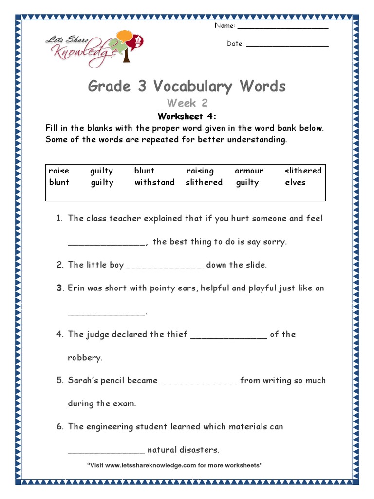 Grade 3 Vocabulary Week 2 Worksheet 4 | PDF | Foreign Language Studies