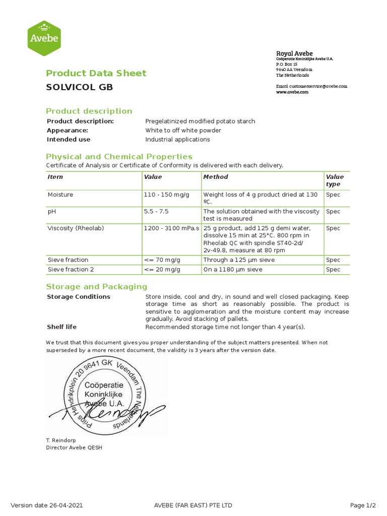 Pregelatinized Starch Product Data Sheet | PDF | Packaging And Labeling