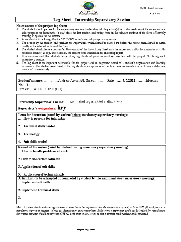 APU Internship Supervisory Project Log Sheet (Andrew) New | PDF ...
