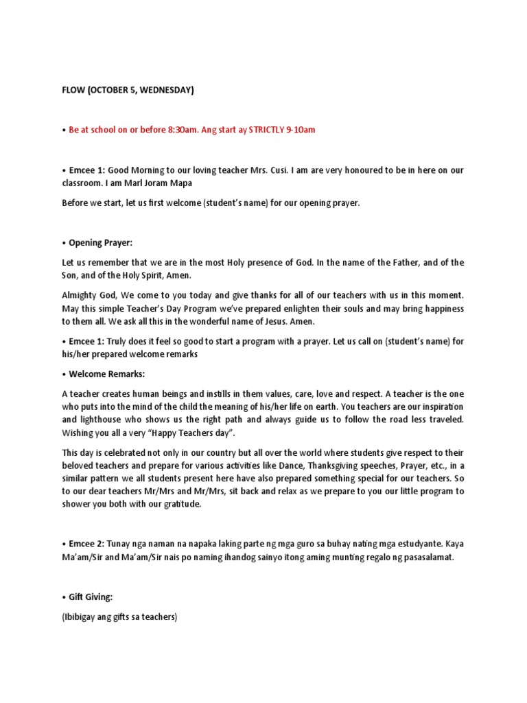 Teachers Day Script | PDF | Prayer