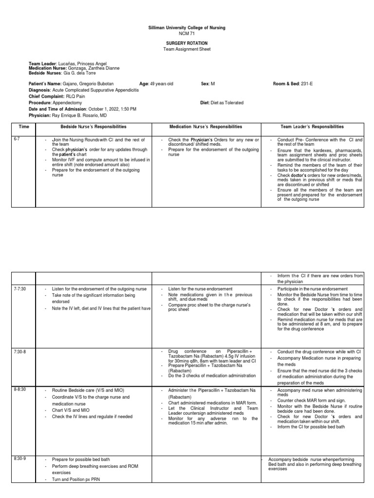 Team Assignment Sheet | PDF | Nursing | Intravenous Therapy