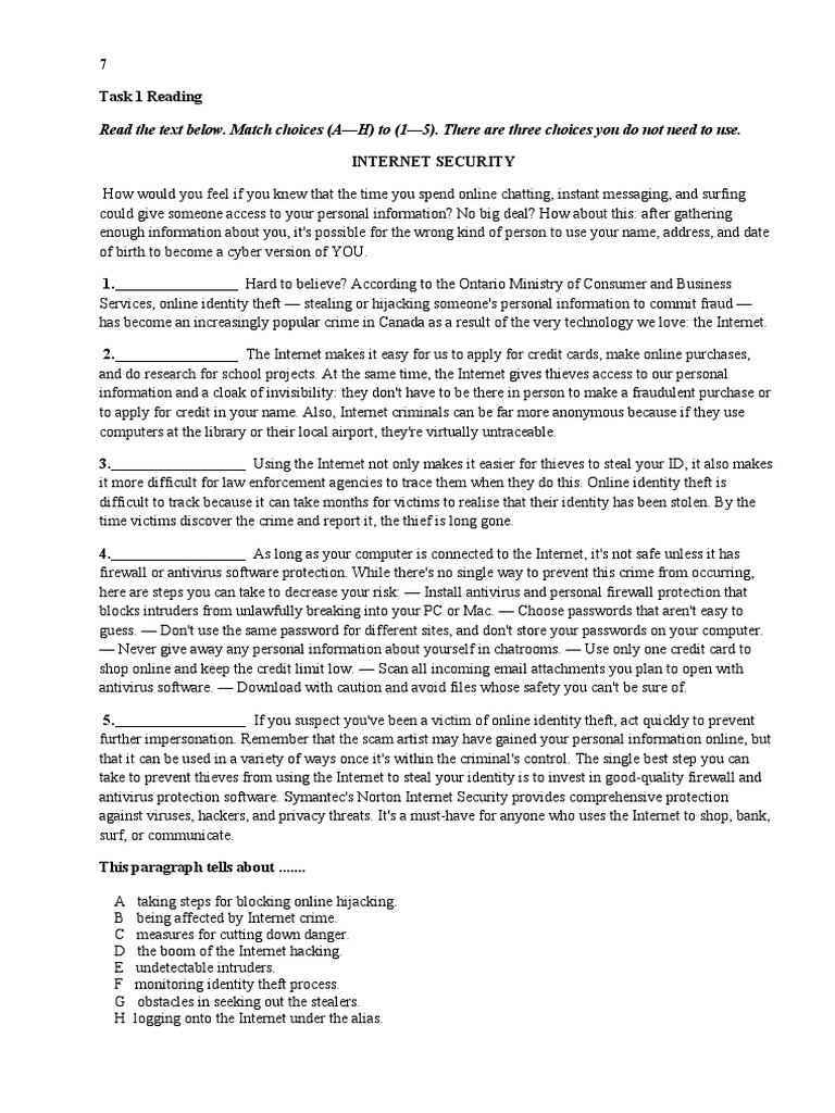 Read The Text Below. Match Choices (A-H) To (1-5) - There Are Three Choices You Do Not Need To ...