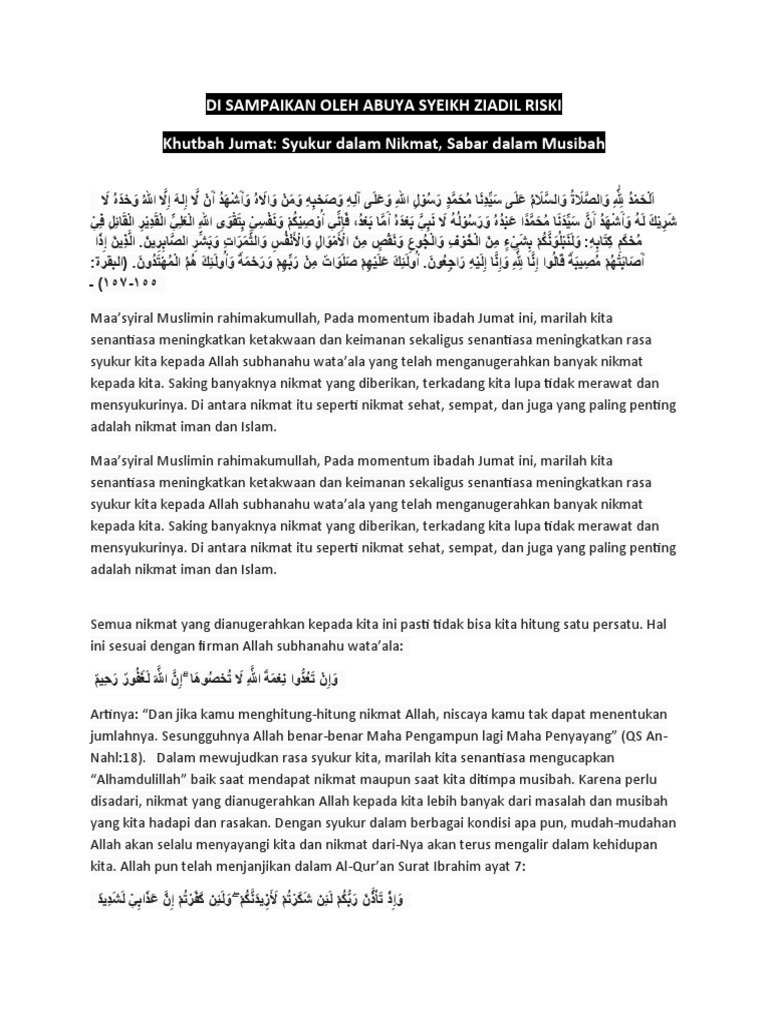 Khutbah Jumat Tentang Bersyukur Dalam Nikmat | PDF