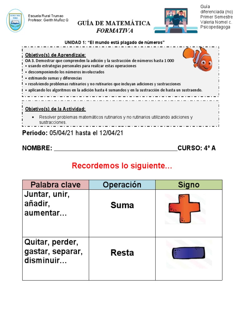 GUÍA de MATEMATICA 4º BÁSICO Resolucion de Problemas (Adicion y ...