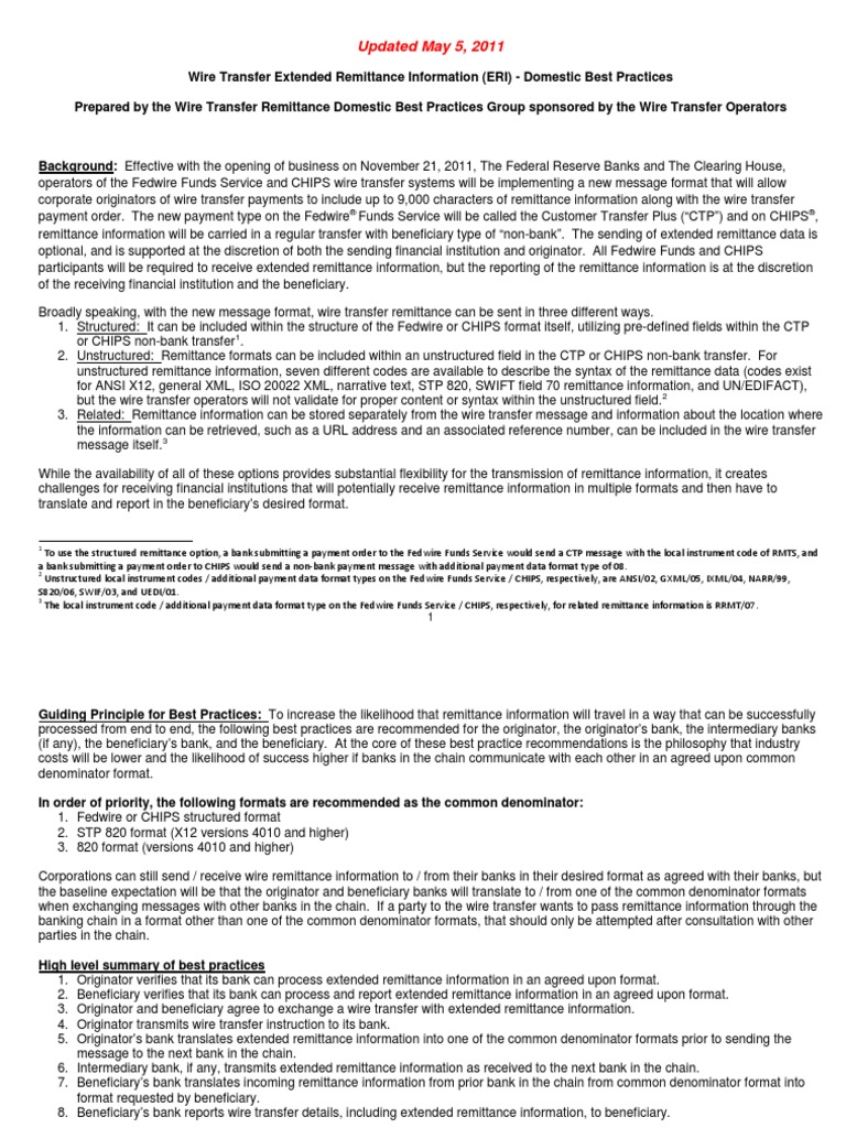 Wire Remittance Domestic Best Practices | PDF | Wire Transfer | File Format