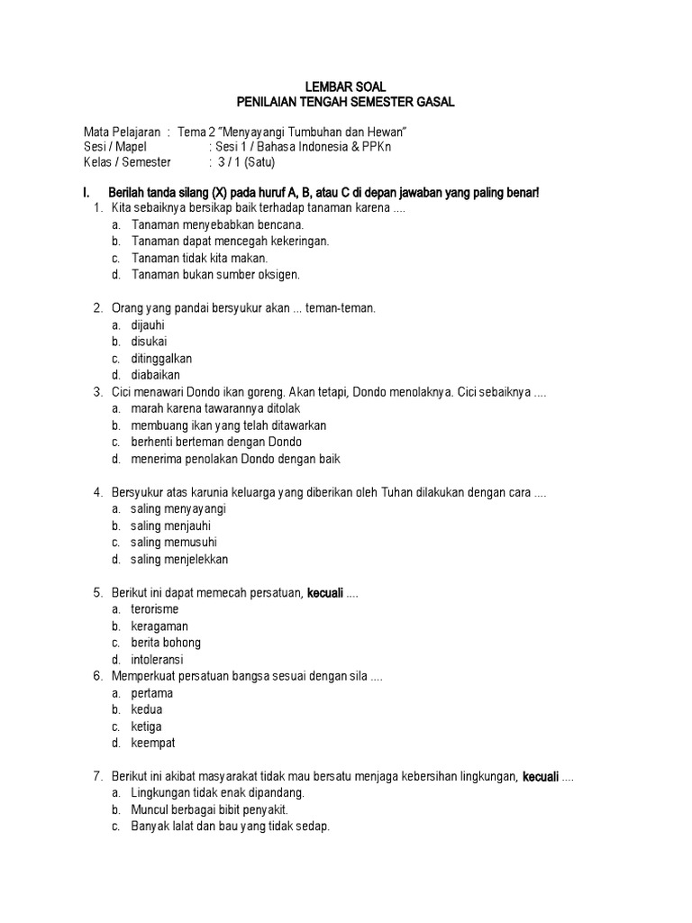 Soal & Jawaban PTS Kelas 3 Tema 2 Semester 1 Tahun 2021 | PDF