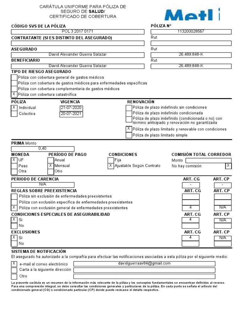 Metlife Salud Pol - 113200028567 | PDF | Póliza de seguros | Seguro