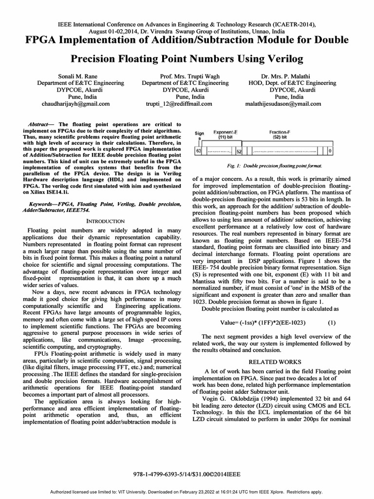 FPGA Implementation of Addition Subtraction Module For Double Precision ... FPGA Implementation of Addition Subtraction Module For Double Precision ...