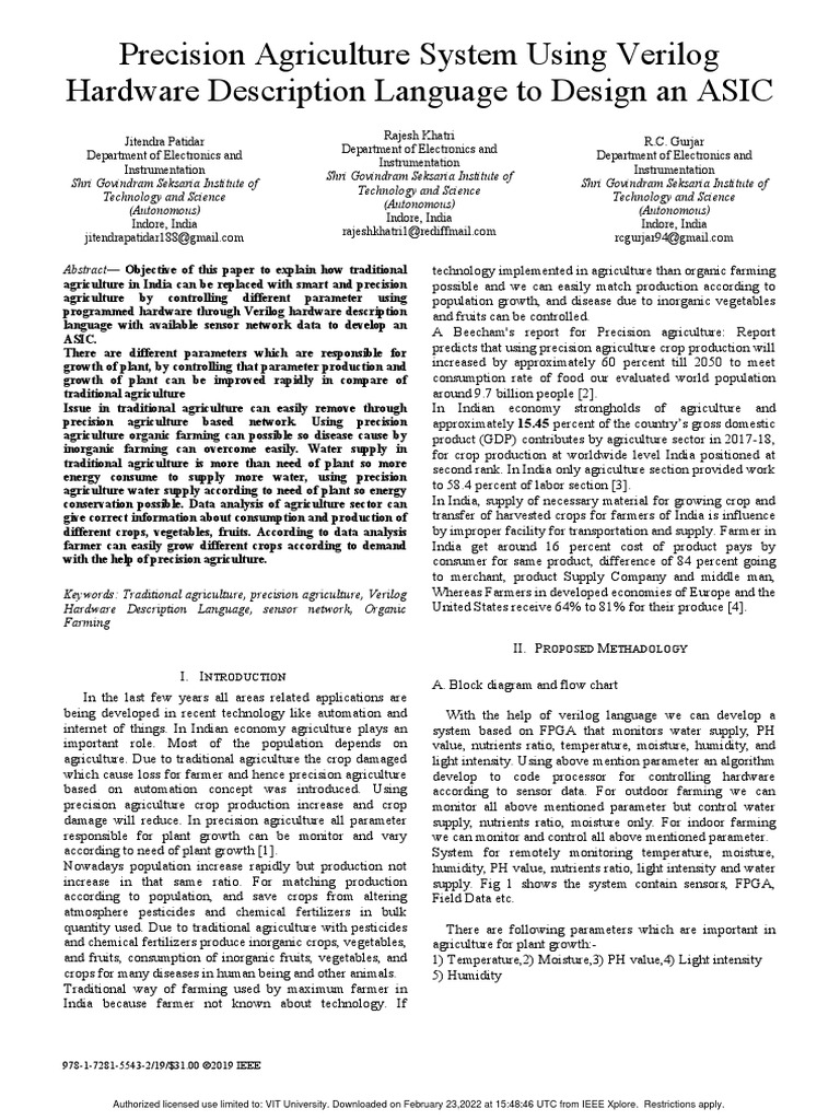 Precision Agriculture System Using Verilog Hardware Description Language To Design An ASIC | PDF ...
