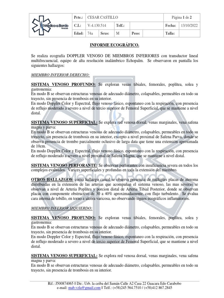 Modelo De Informe Doppler Venoso Bilateral Cesar Castillo 044654