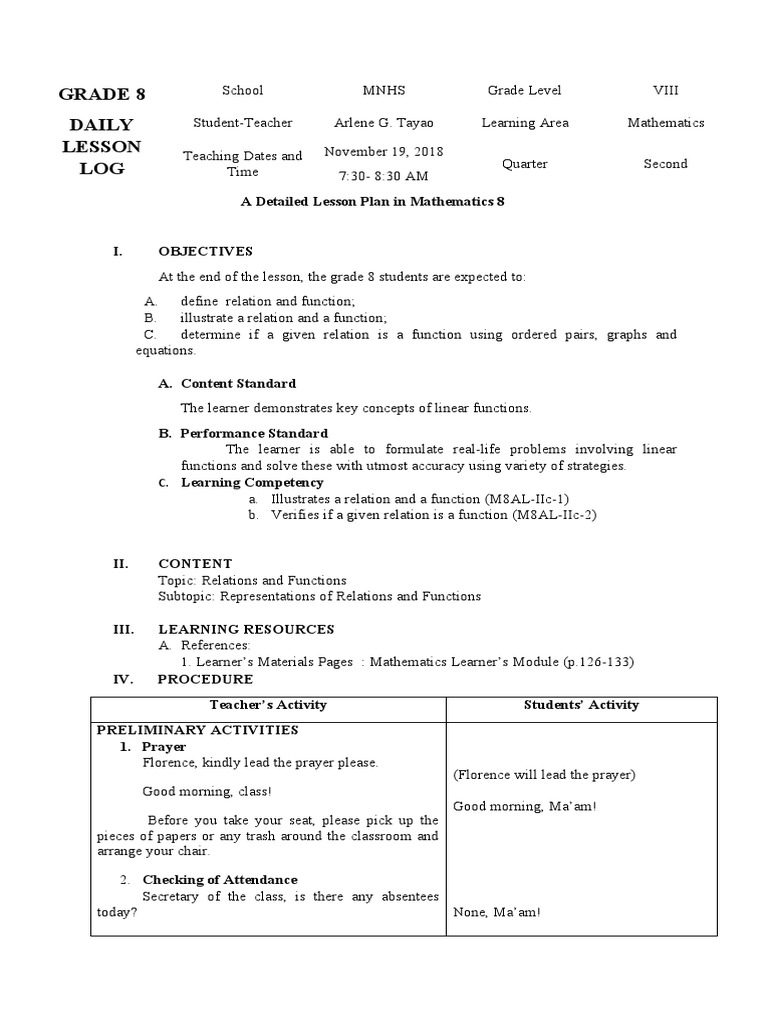 Lesson Plan-Functions and Relations | PDF | Function (Mathematics ...