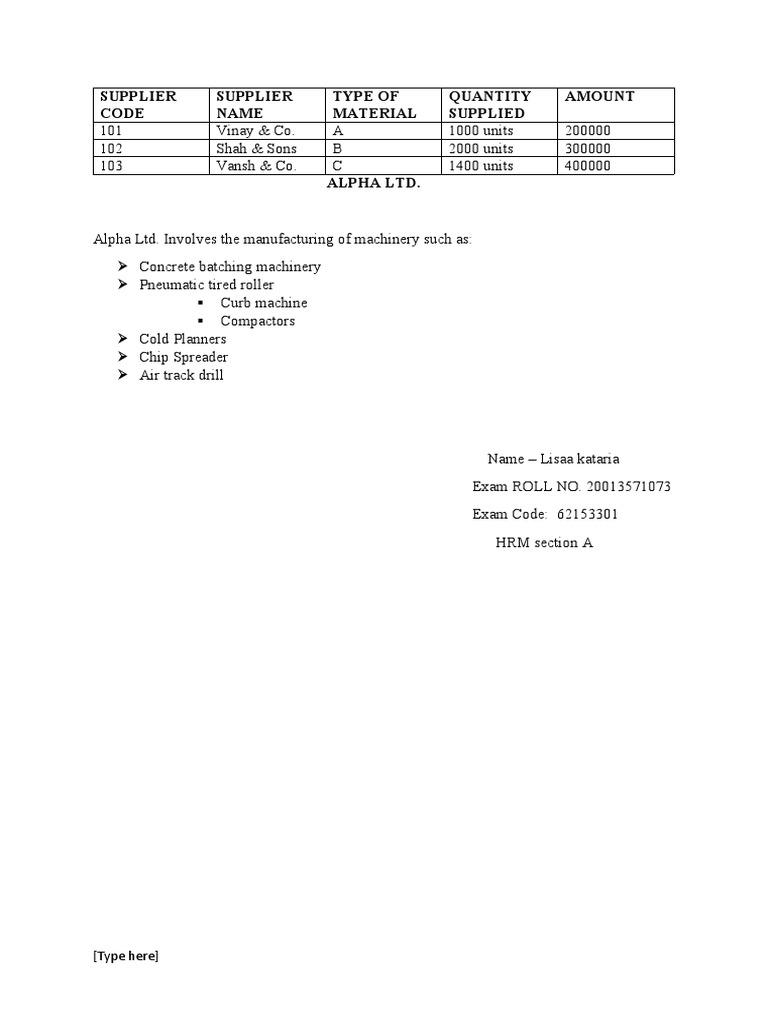 Supplier Code Supplier Name Type of Material Quantity Supplied Amount | PDF