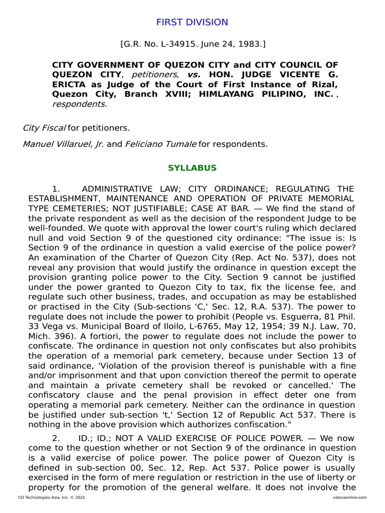 Quezon City Ordinance Section 9 Ruling | PDF | Eminent Domain | Police ...