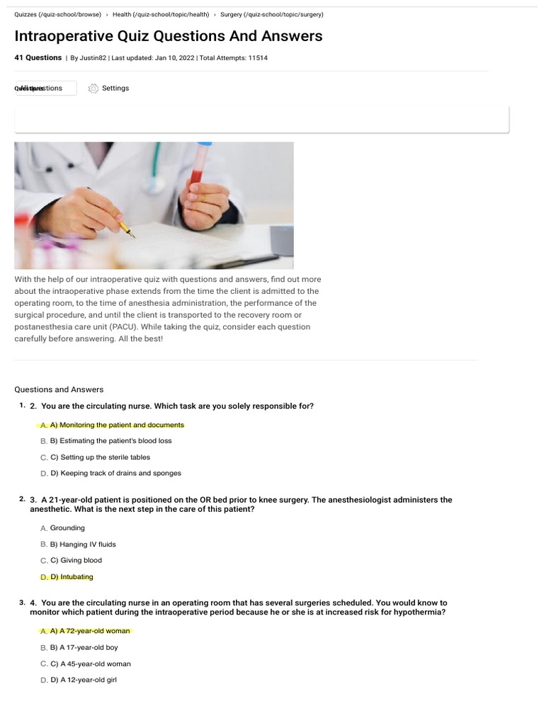 Intraoperative Quiz Questions and Answers: Start | PDF | Surgery ...