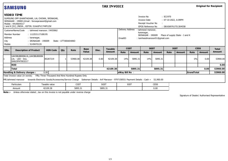 Tax invoice for LED TV sale | PDF | Invoice | Receipt