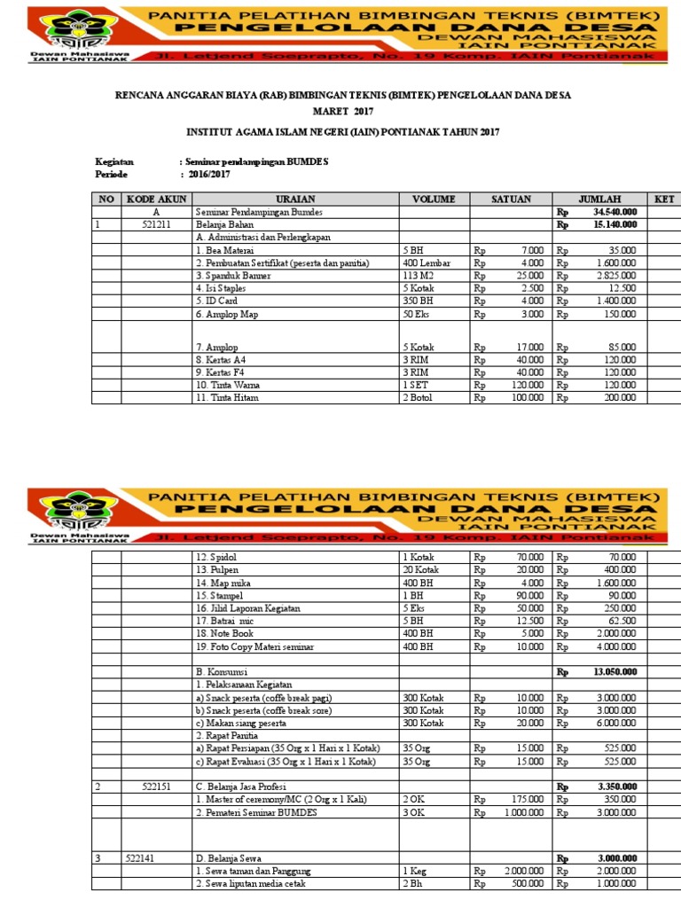 Rencana Anggaran Biaya Bumdes Print | PDF
