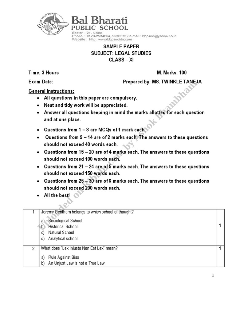 Class 11th Xi Legal Studies 2017 Model Sample Paper | PDF | Marriage ...