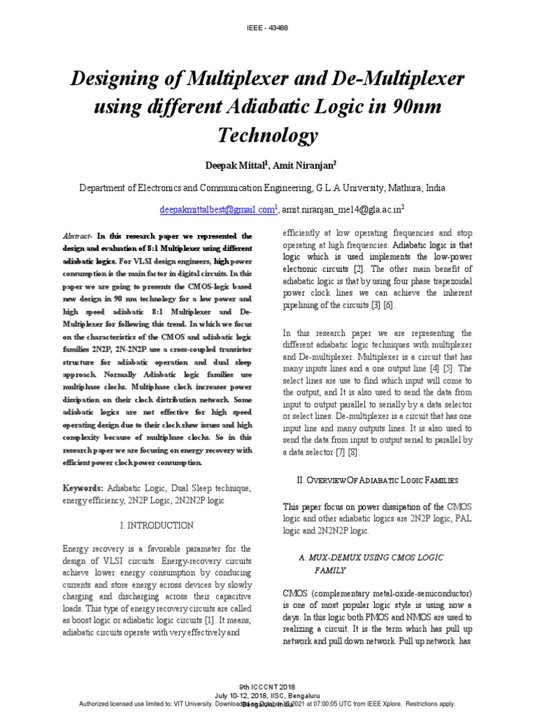 Designing of Multiplexer and De-Multiplexer Using Different Adiabatic Logic in 90nm Technology ...