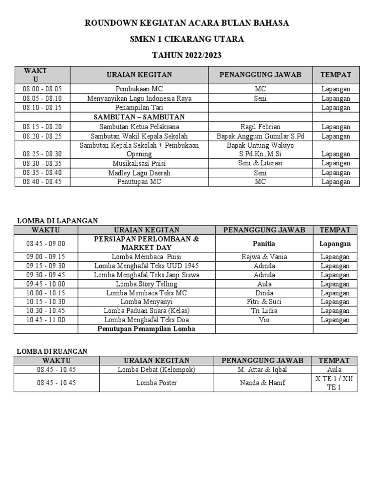 Roundown Kegiatan Acara Bulan Bahasa | PDF