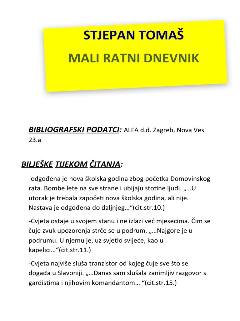 Stjepan TomaÅ¡-Mali Ratni Dnevnik | PDF