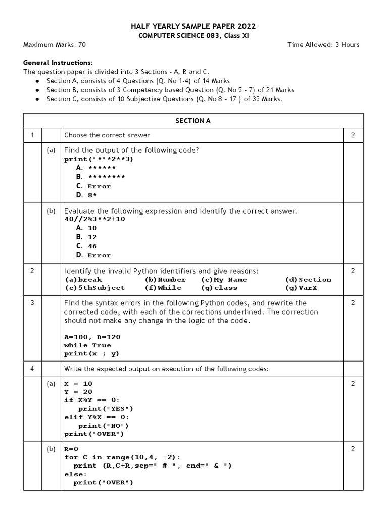 11 CS Hy Sample Paper 2022 | PDF | Computer Engineering | Computer ...