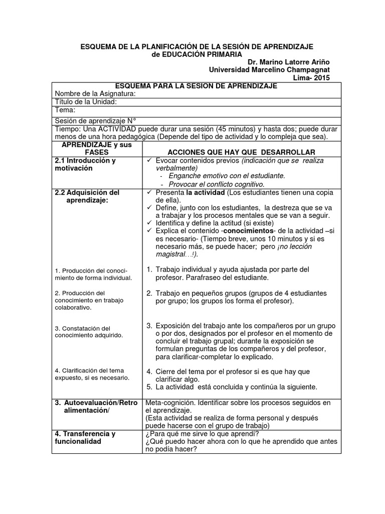 Diseño de Sesión de Clase de Primaria | PDF | Aprendizaje | Maestros