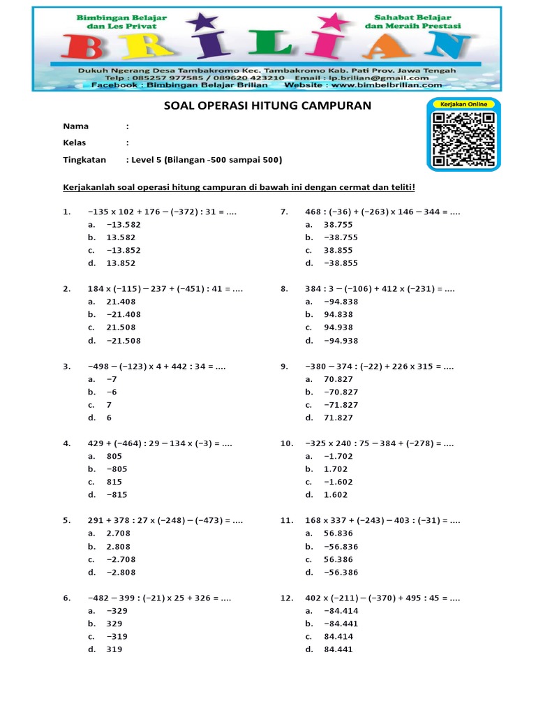 Operasi Hitung Campuran Bilangan Bulat Positif Dan Negatif Level 5 | PDF