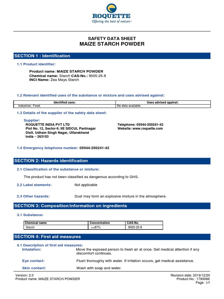 SDS - Maize Starch - 179006K - Ver 02 | PDF | Chemistry | Occupational ...