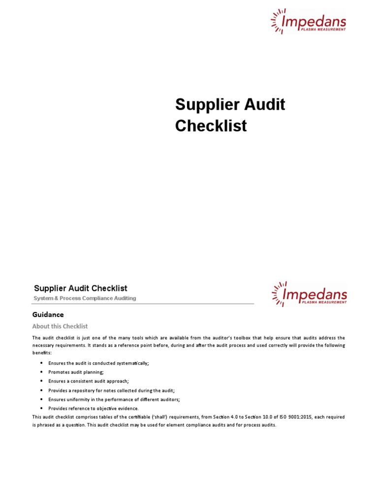 Supplier Audit Checklist | PDF | Audit | Verification And Validation