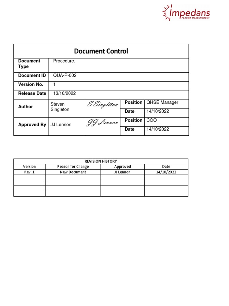 QUA-P-002 Rev 1 Document Control | PDF | Information | Document