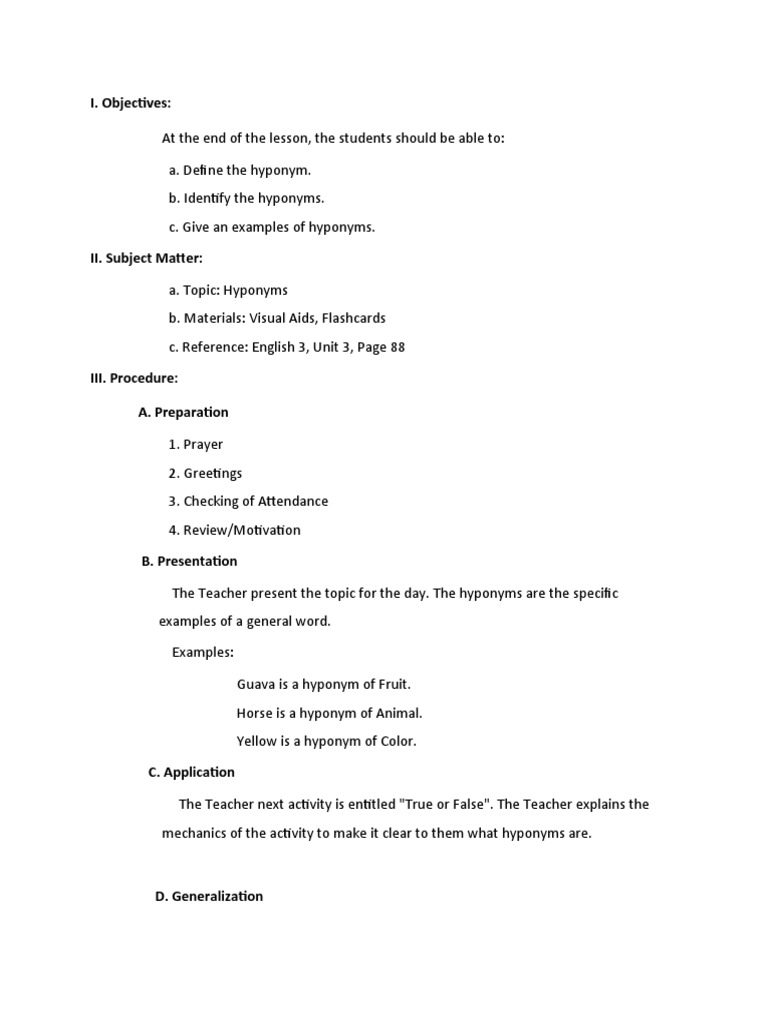 Hyponyms Lesson Plan | PDF