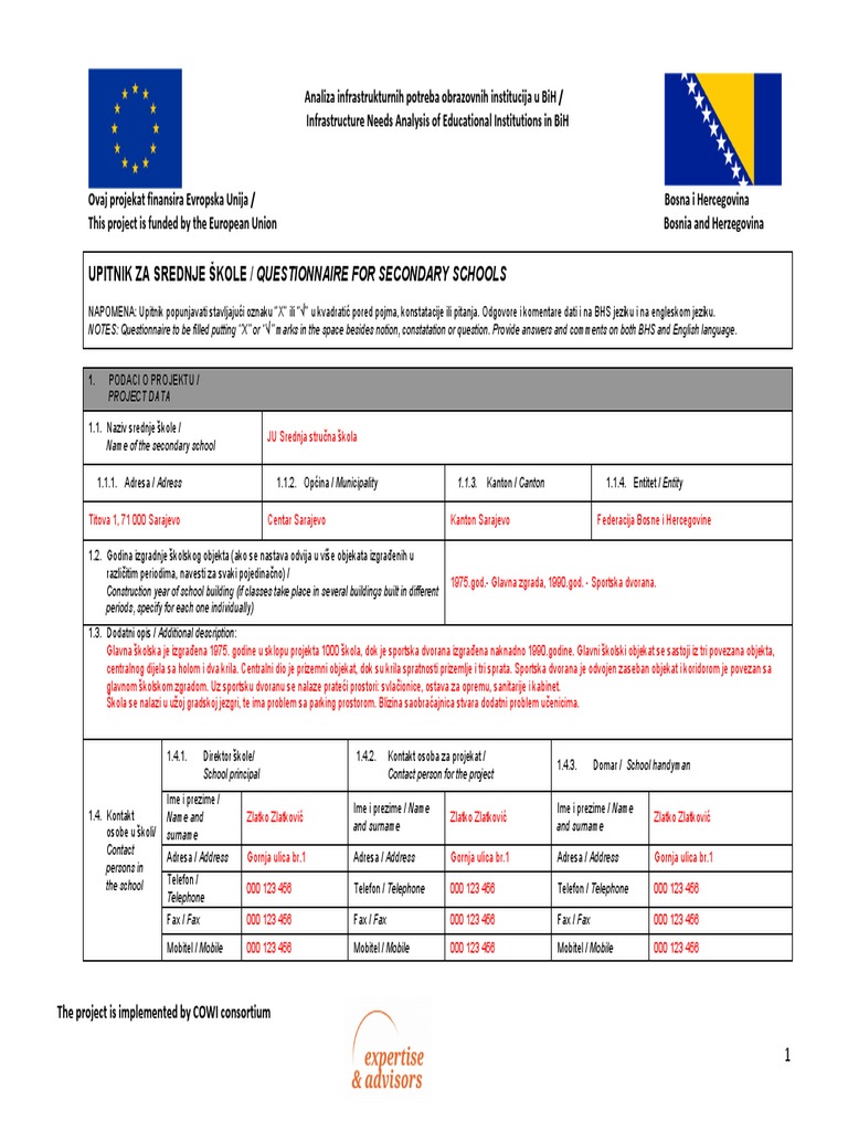 PRIMJER - Upitnik Za Srednje Škole - Questionnaire For Secondary ...