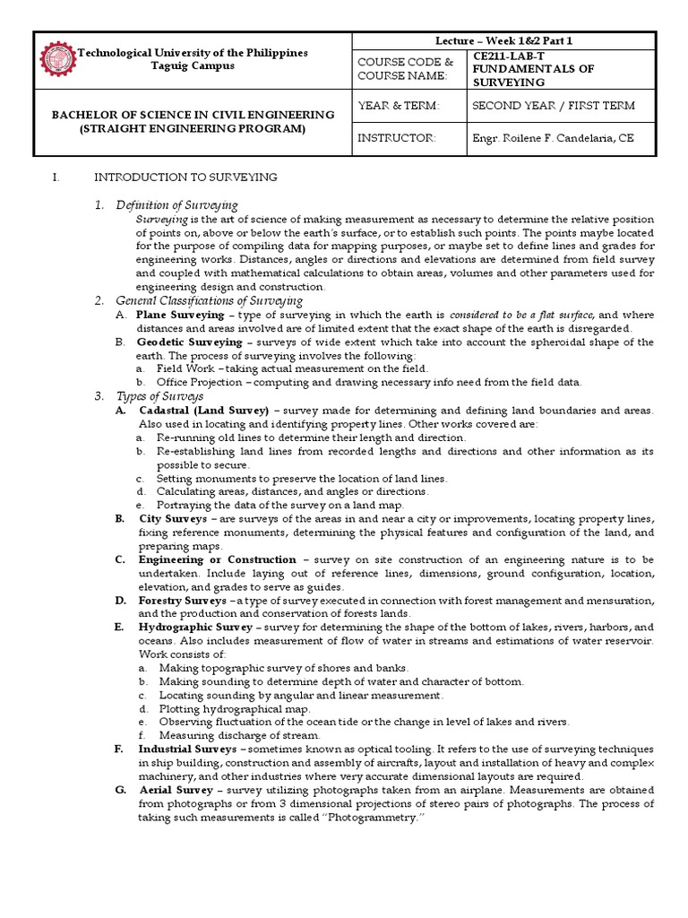Fundamentals of Surveying Lecture No.1 Part 1 | PDF | Surveying ...