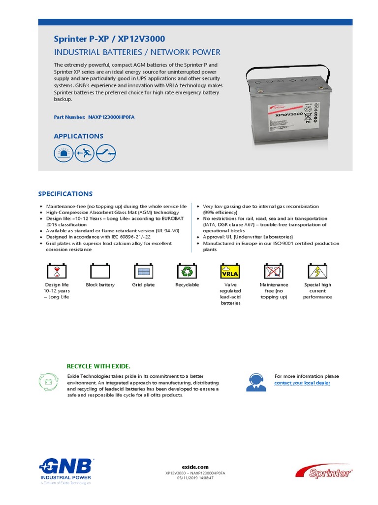 Data Sheet Battery XP12V3000 | PDF | Electricity | Electric Power
