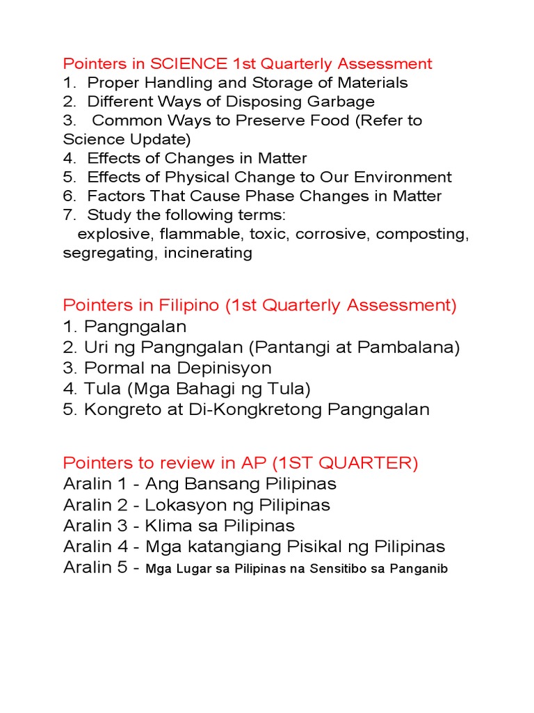 Pointers in SCIENCE 1st Quarterly Assessment | PDF | Language Arts & Discipline | Wellness