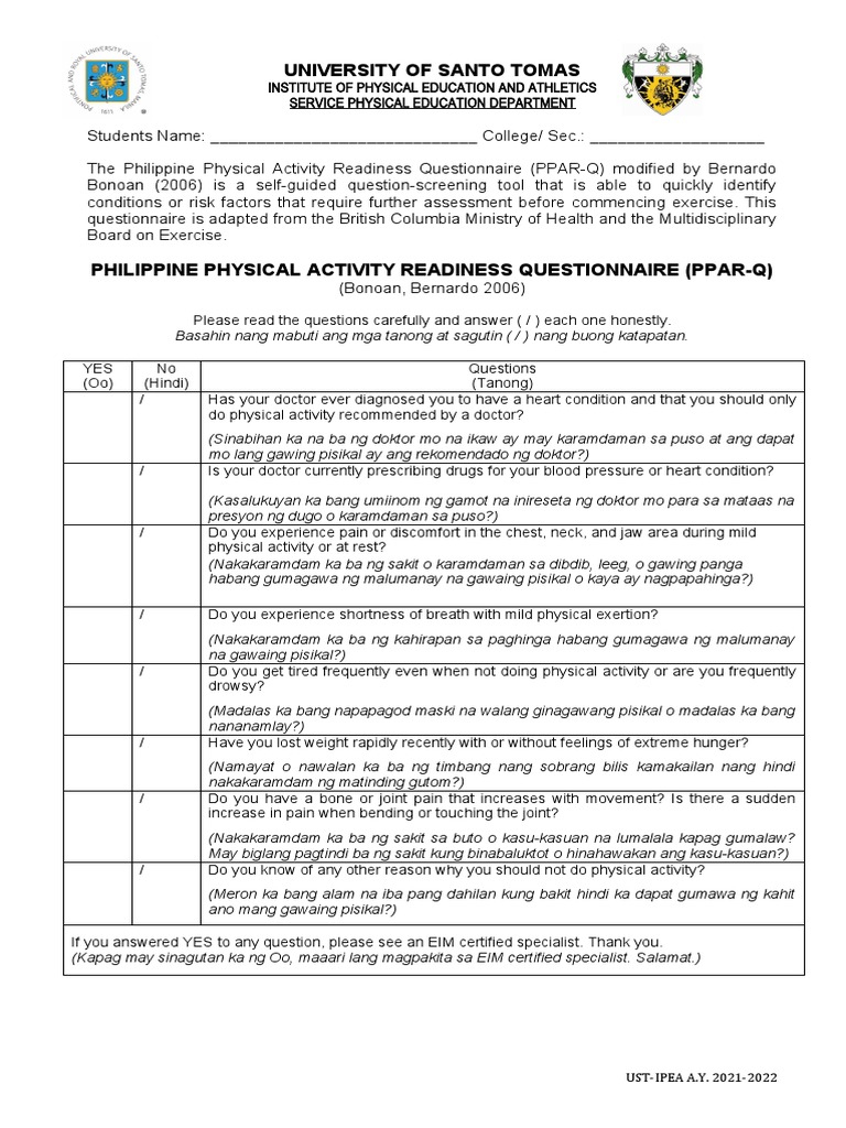 Revised PPAR-Q Aug. 2022 | PDF | Clinical Medicine | Health Sciences