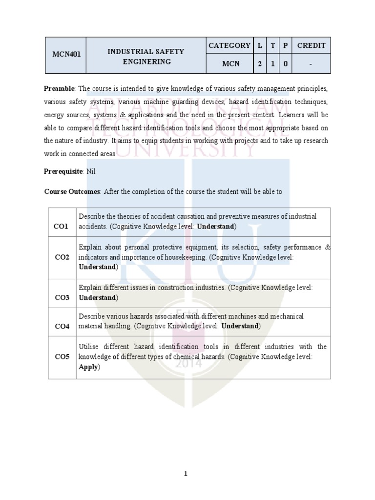 MCN401: Industrial Safety Engineering Syllabus | PDF | Safety ...