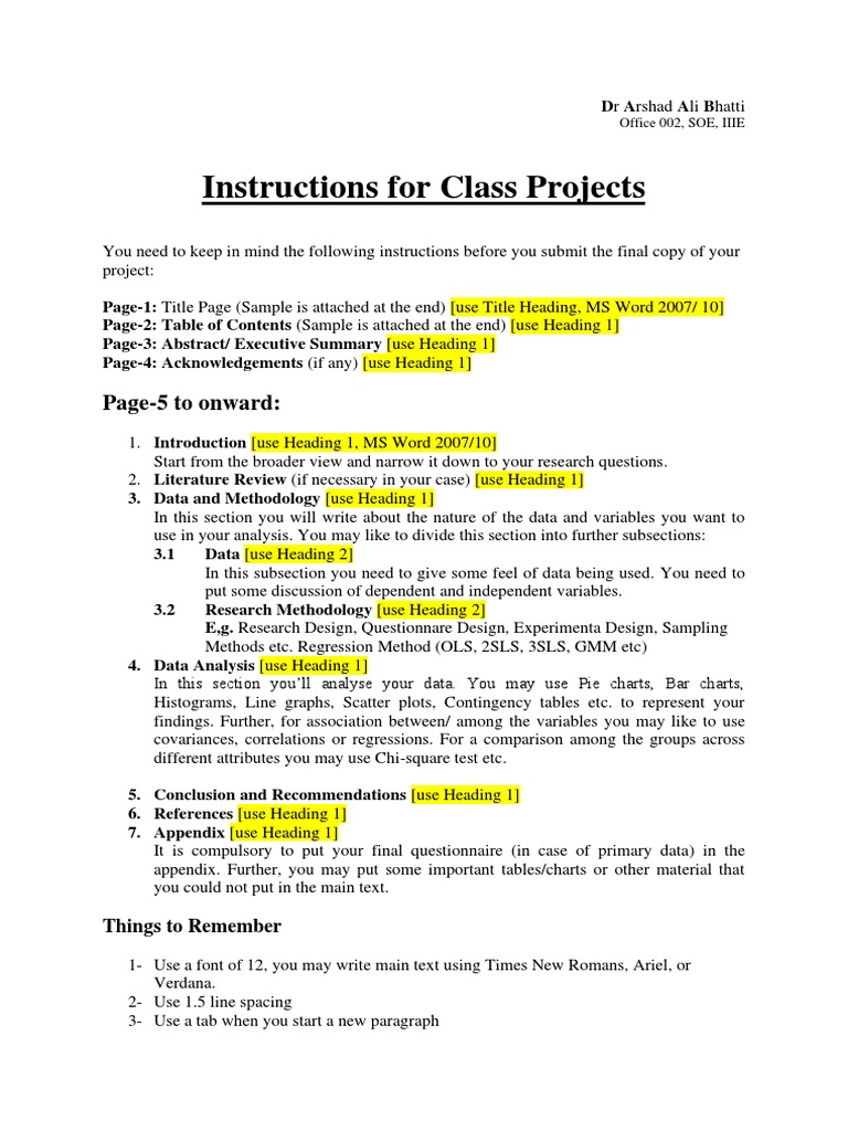 Instructions for Class Projects: Guidelines for formatting, content, and submission of student ...