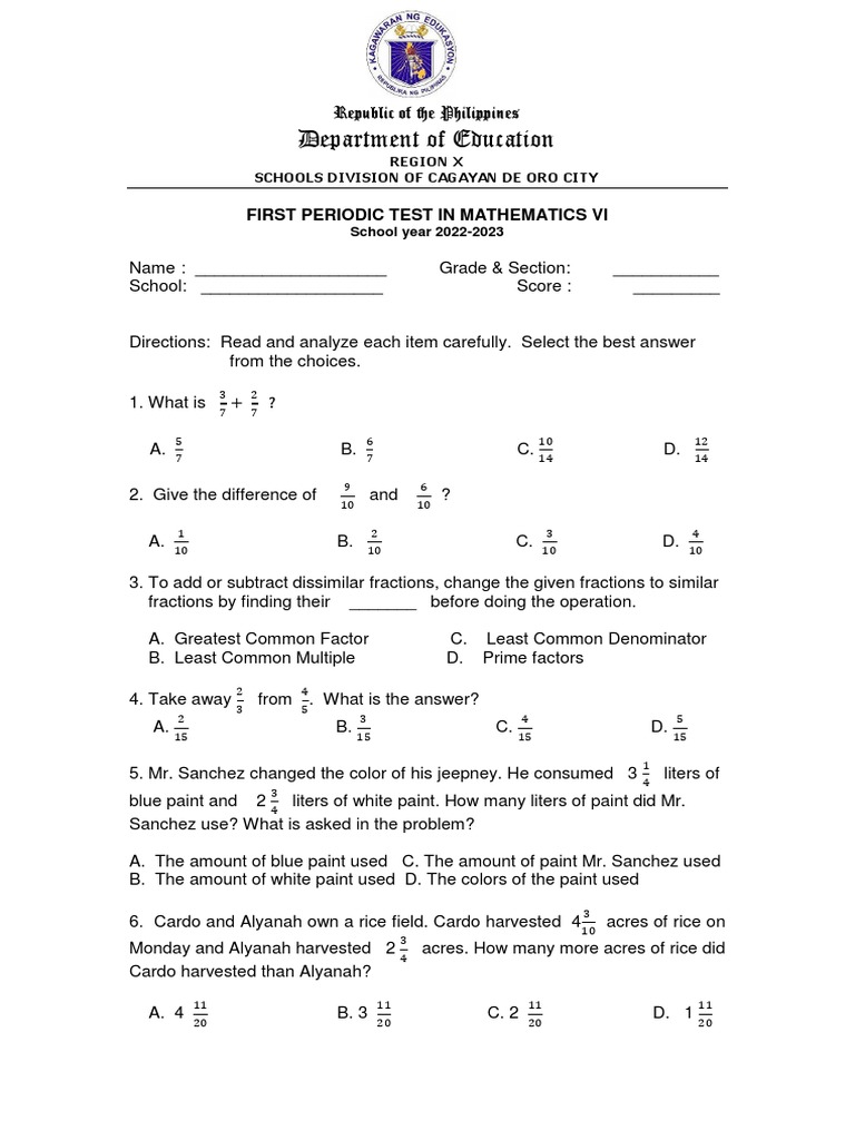 Mathematics Grade 6 1st Quarter Exam Final | PDF | Division ...
