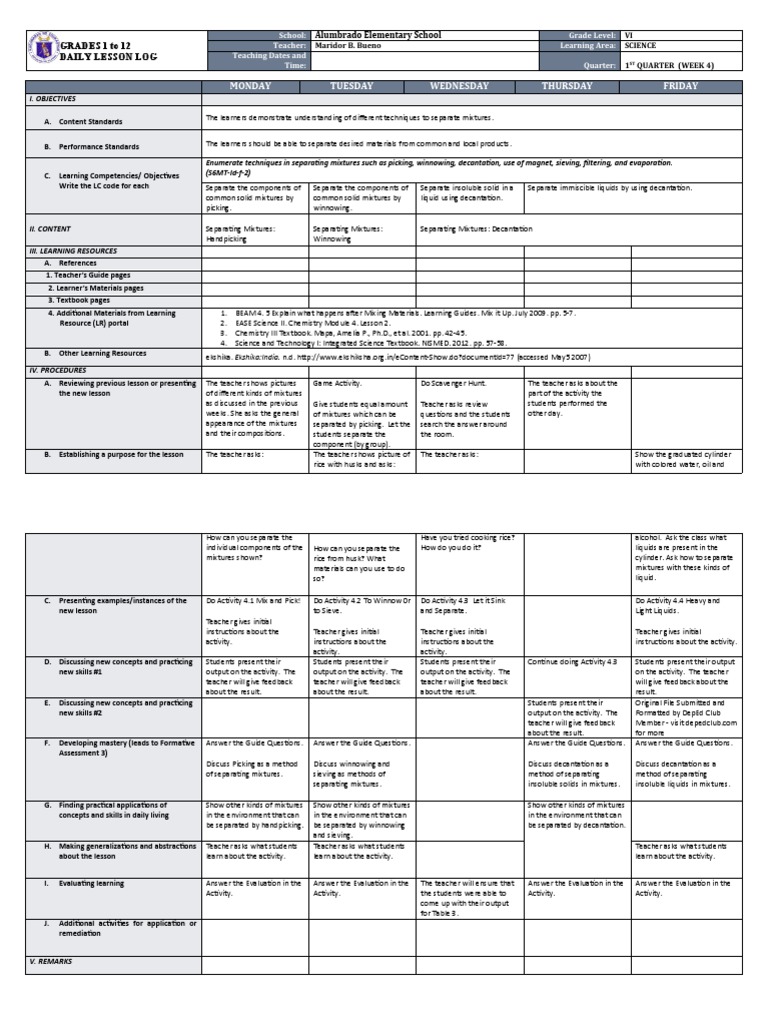DLL - Science 6 - Q1 - W4 | PDF | Learning | Behavior Modification