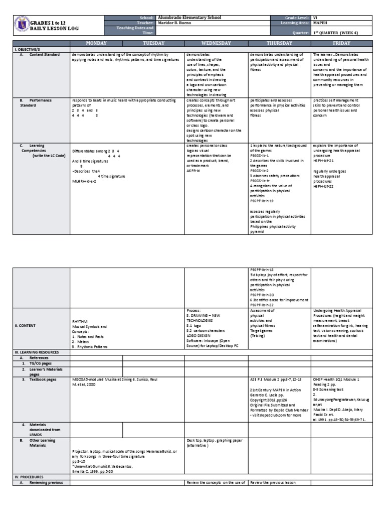 DLL - Mapeh 6 - Q1 - W4 | PDF | Learning | Teachers