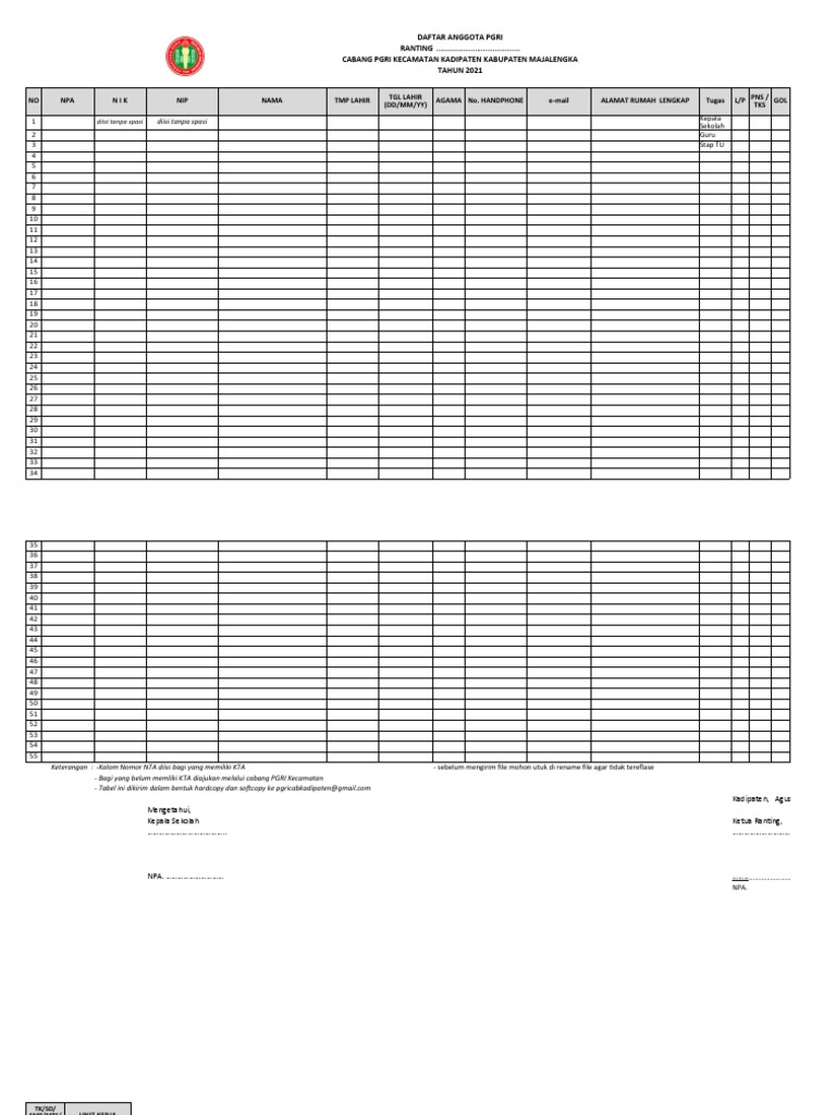 Format Daftar Anggota Ranting PGRI 2021 SD - SMP - MTSSMA - SMK ... | PDF Format Daftar Anggota Ranting PGRI 2021 SD - SMP - MTSSMA - SMK ... | PDF