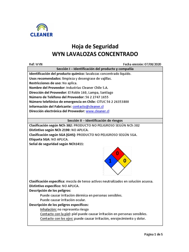 Hoja de Seguridad WYN Lavalozas | PDF | Agua | Descomposición