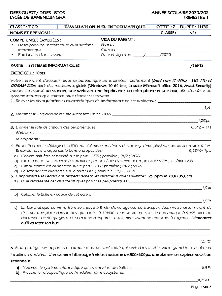 EVAL 2 Tle CD 2020 | PDF | Informatique | USB