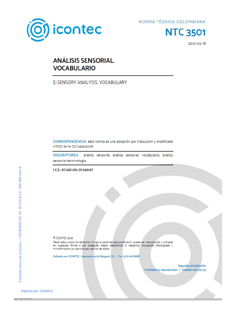 NTC 3501 Análisis Sensorial Vocabulario | PDF