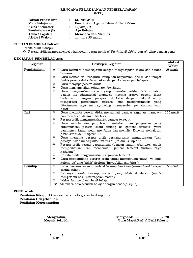 RPP PAI 1 Lembar Kelas 1 Semester 2 Pembelajaran 6 Topik 3 Membaca Dan Menulis | PDF