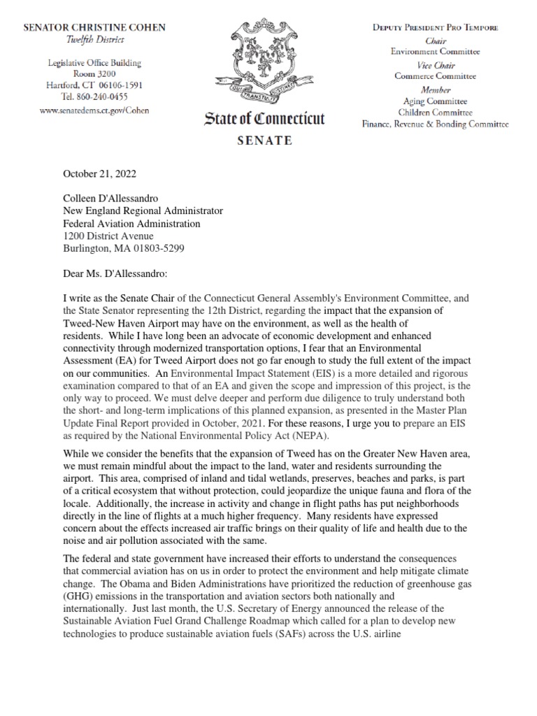 Sen. Cohen Tweed Airport EIS Letter To FAA Oct. 21 | PDF | Clean Air ...