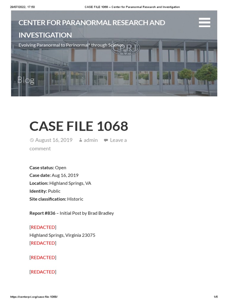CASE FILE 1068 - Center For Paranormal Research and Investigation | PDF ...